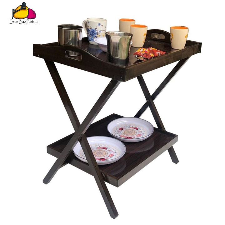 Tea table Beach Wood Double Shelf Foldable Table trolley Coffee Table ...