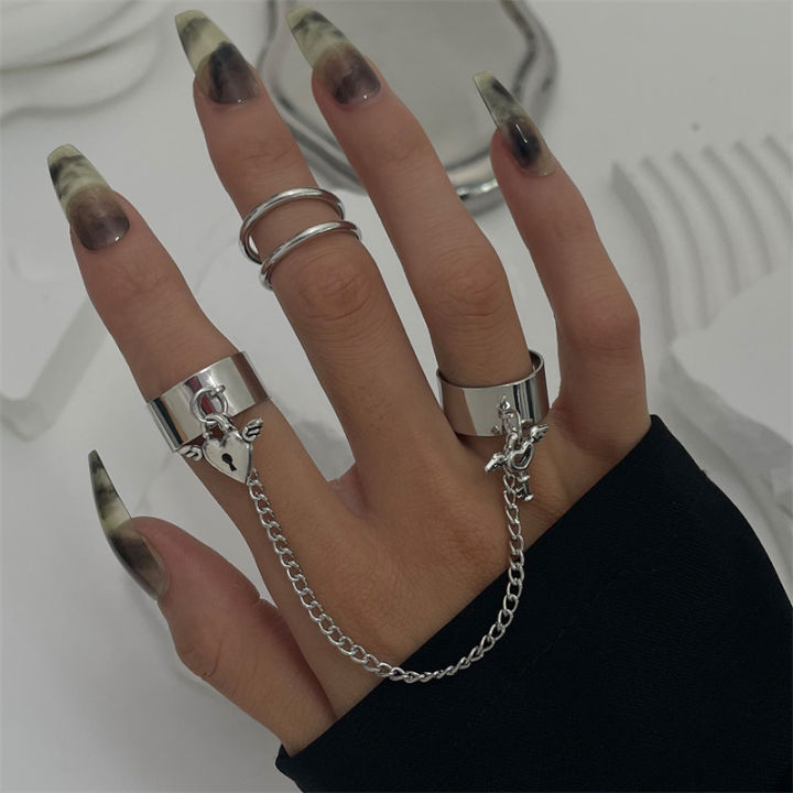Key Heart Lock Ring Set Women Personalised Chain Two Finger One Piece ...