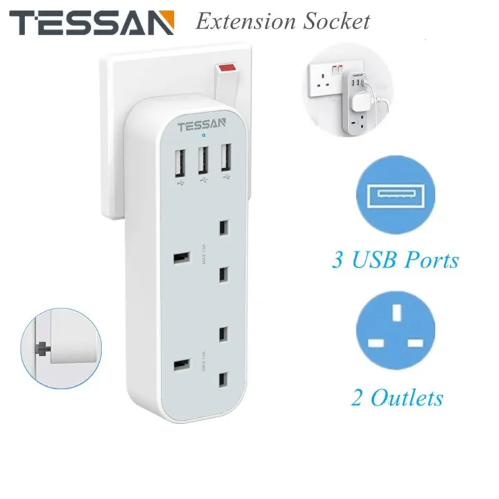 TESSAN TS222 2 Way Extension Plug Power Socket With 3 USB Port Output ...