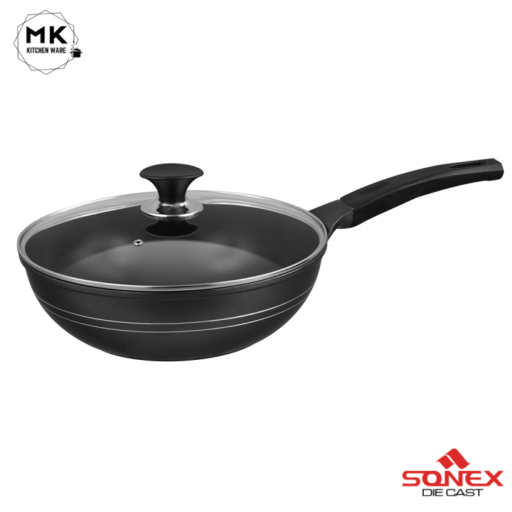 Sonex Die-Cast Deluxe Non-Stick Wok with Glass Lid – 26cm & 30cm ...