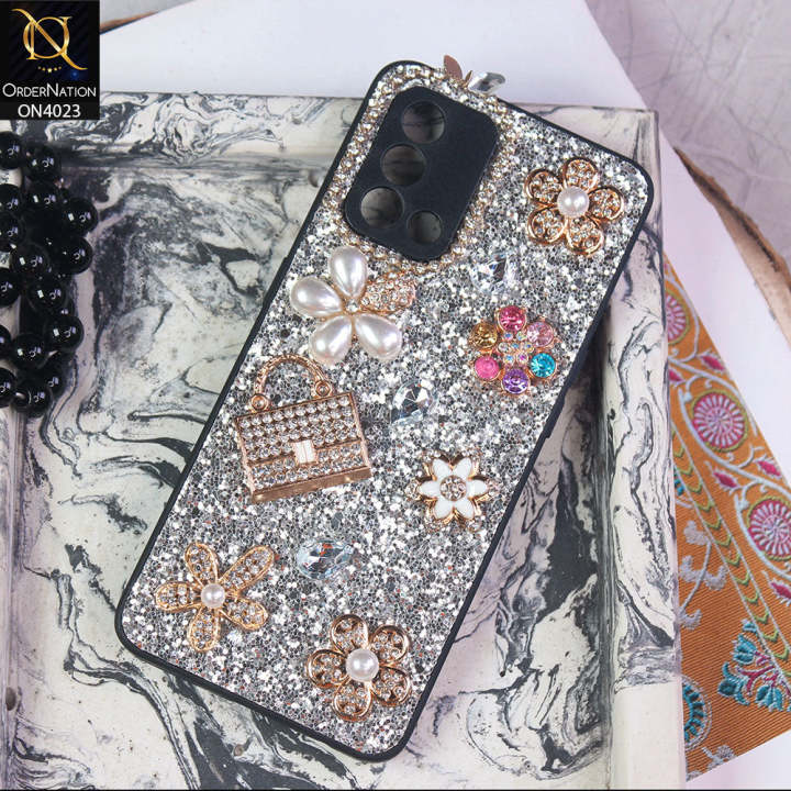 Oppo_ A74 Cover - Silver - New Bling Bling Sparkle 3D Flowers Shiny ...