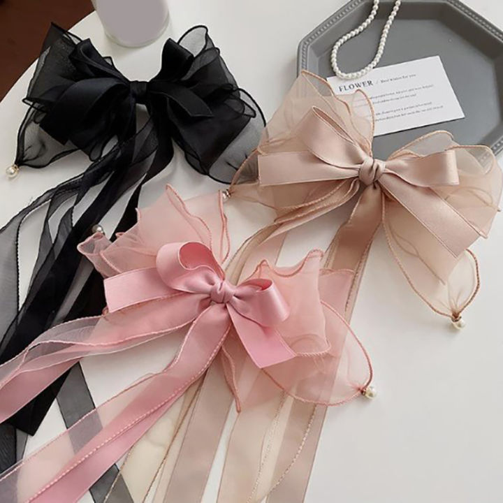 Trendy Large Barrette Hair Clip Multi-layer Ribbon Bow Hairpins Pearls ...