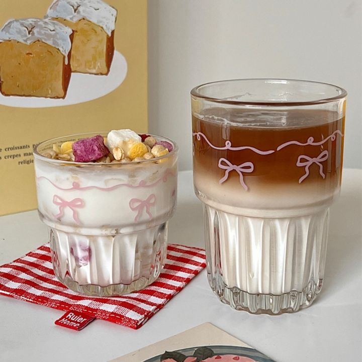New Glass Ins Style Bow Glass Bow Pink Breakfast Cup Thicken Girly ...