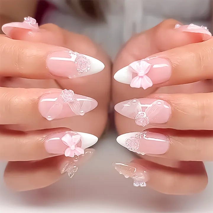 JP3645 24pcs Long Almond Pink Flower Fake Nails with Pearl & Floral ...