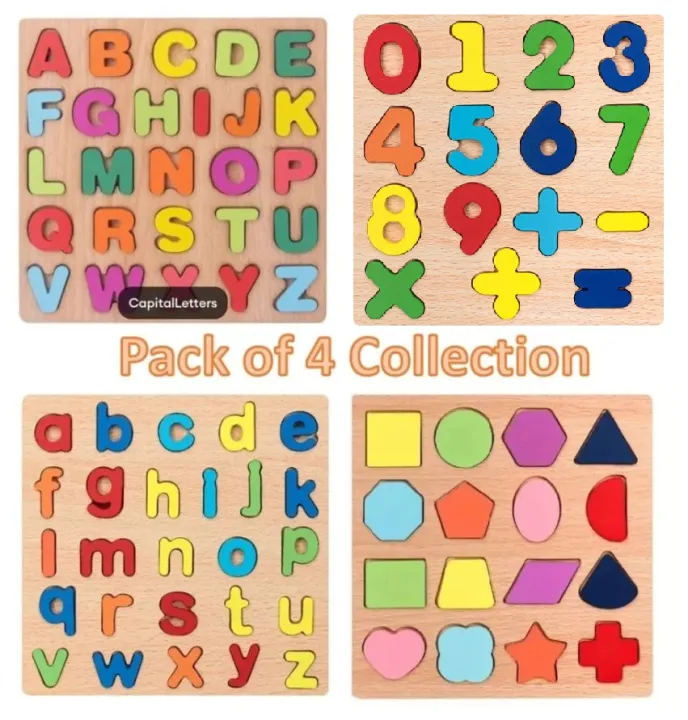 Pack of 4 Wooden Educational Learning Letters Numbers and Shapes, Small ...