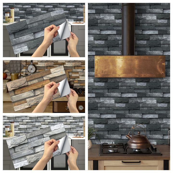 Retro Stone Brick Wall Stickers Bathroom And Kitchen Backsplash Peel ...