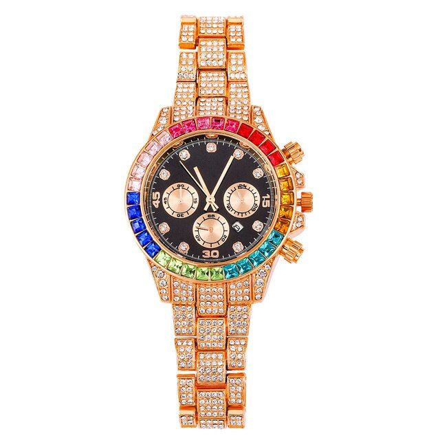 Automatic Date Mens Watches New Bezel Rainbow Diamonds Luxury Brand Male Quartz Wristwatches ...