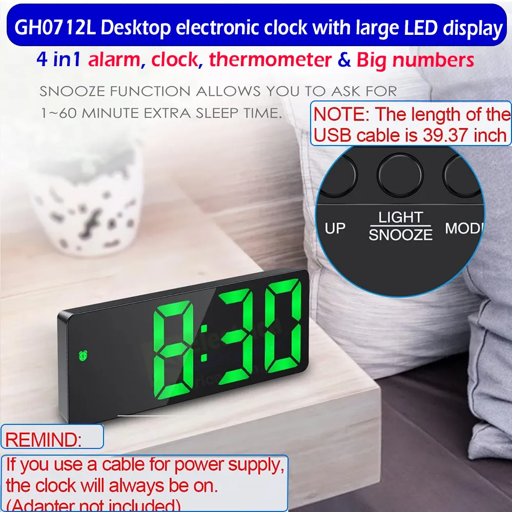 GH0712L Desktop electronic clock with large LED display alarm clock ...