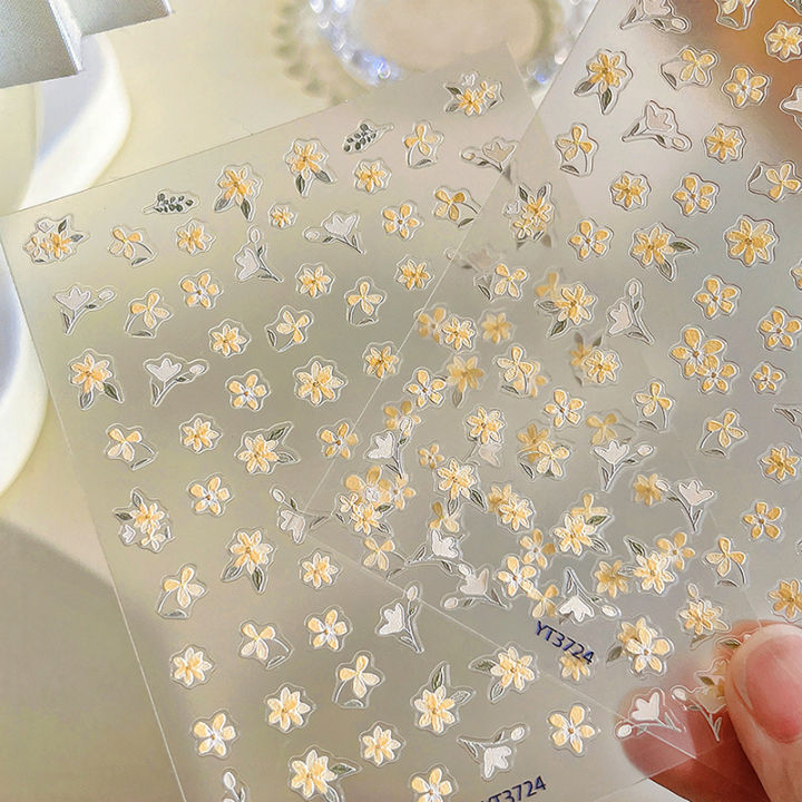 Yellow Flower Nail Stickers Floral Relief Nail Back Adhesive Tape Nail ...