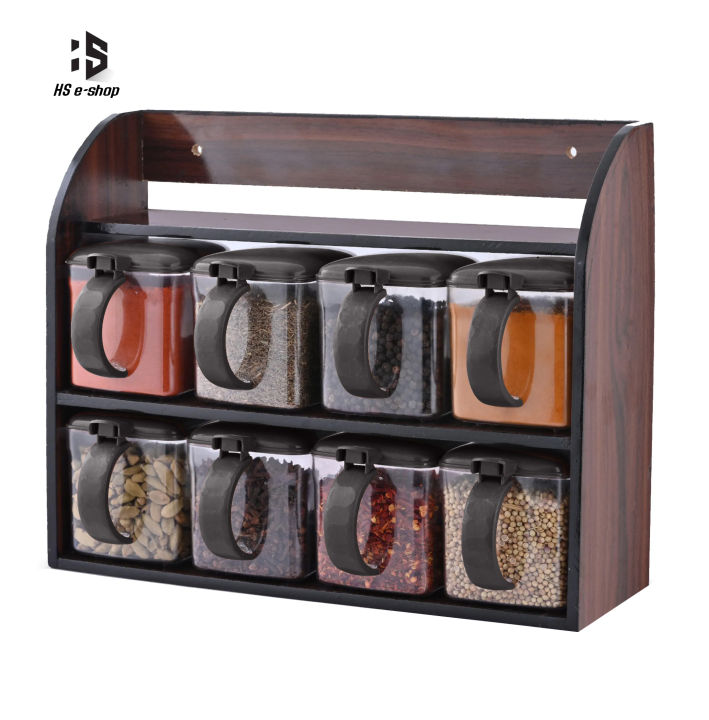 Wooden Spice Rack with 8 Crystal Plastic Jars for Kitchen Storage ...