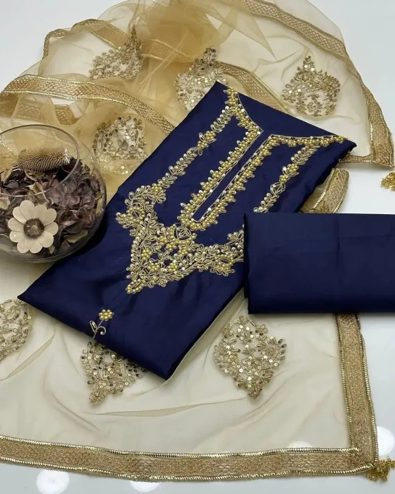 3 Pc Unstitched Fancy Dress for Women – Kattan Silk Ari & Nagina Work ...