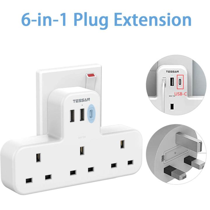 TESSAN 3 Way Plug Adapter UK with Multi USB Plug, Extension Plug with 2 ...