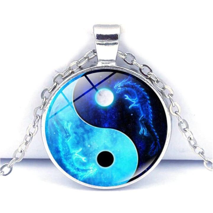 Yin Yang Necklace Tai Chi Unisex Time Stone Glass Pendant Chain Dragon ...