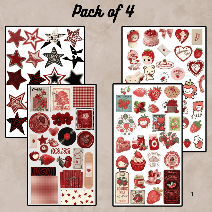 Pack of 4 Red Aesthetic Sticker Sheets – 15x10cm A6 PVC Sheets (Uncut ...