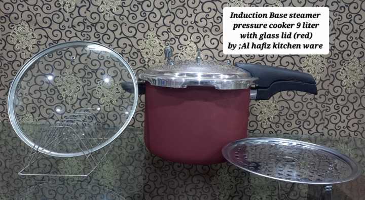 Induction Base steamer with glass lid Pressure cooker 9Litter ...