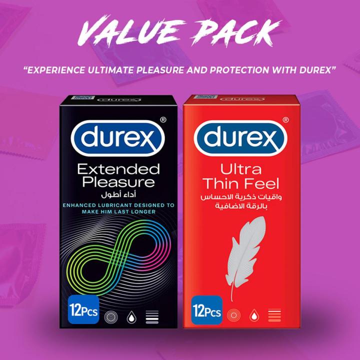 Durex Pack of 2 - Durex Ultra Thin Feel Condoms 12's + Durex Extended Pleasure Condoms 12's ...