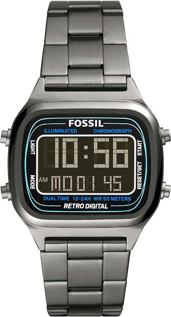 Fossil Retro Digital Grey Stainless Steel Positive Display Dial Digital ...
