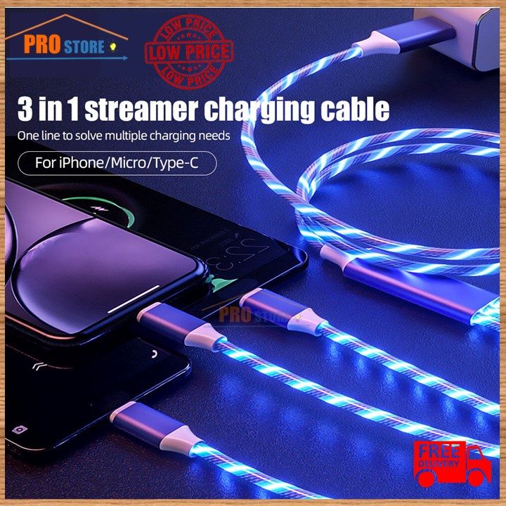 100% Quality+COD 3 in 1 LED USB Cable Type-C LED Flowing Colors RGB ...