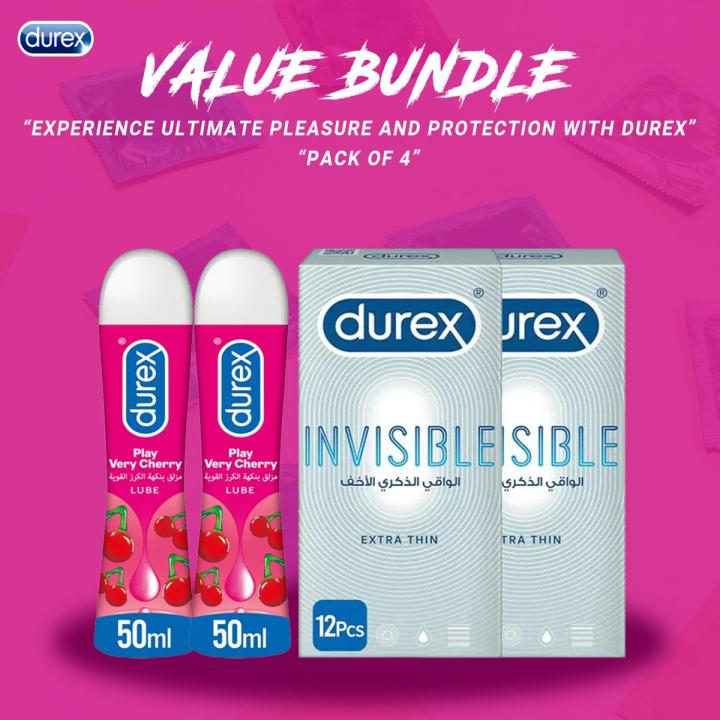 Durex Pack of 4 - Durex Play Cherry Lube 50ml x 2 + Durex Invisible ...