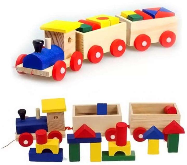 Wooden Toy Blocks Train Children's Wooden Building Block Train Toy Shape sorter and Stacking ...