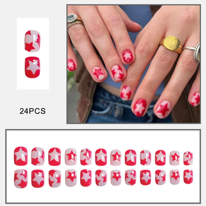 JB442 24pcs Red Hollow Star Glossy Short Fake Nails with Zero Pressure ...