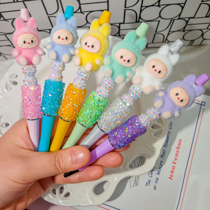 1 Piece Flocking Labubu Rhinestone Beaded String Pens Ballpoint Pen ZH ...