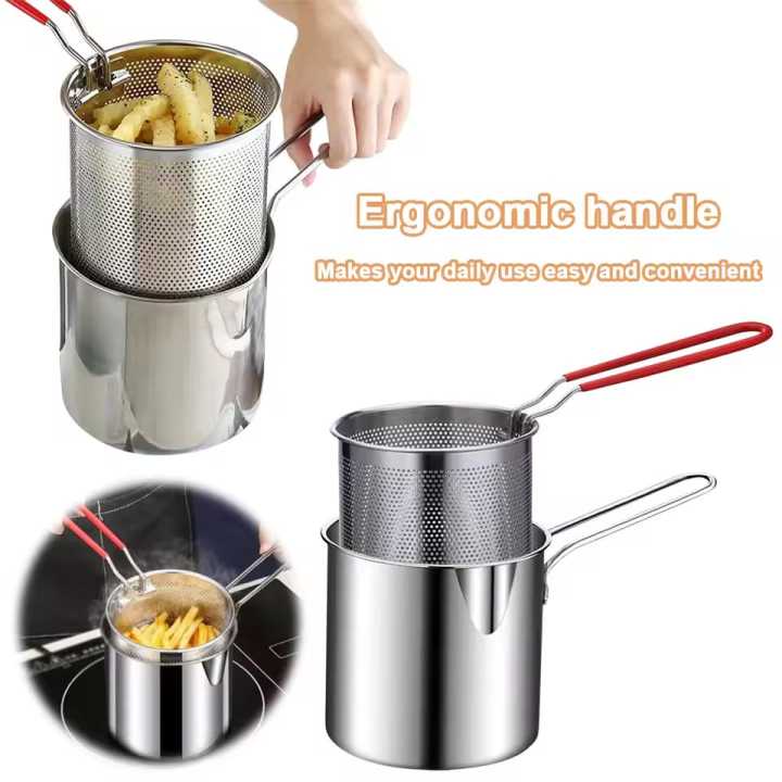 Kitchen Fryer with Strainer Basket Stainless Steel Tempura Small Deep ...