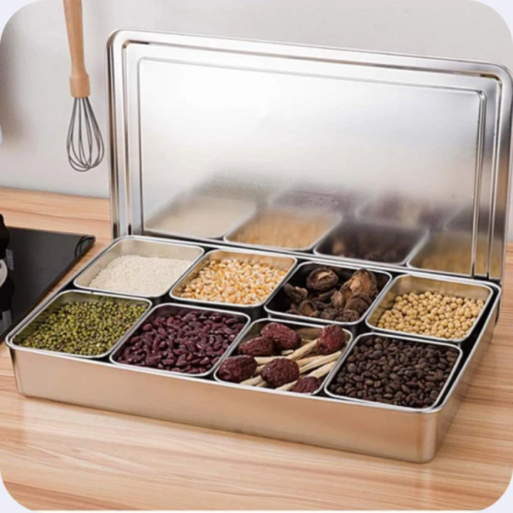 Stainless Steel 8-Grid Seasoning Box Set with Lid – 304 Grade Spice ...