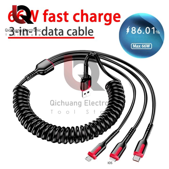 100% Quality+COD 66W 3 in 1 USB Type C Spring Car Fast Charging Cable ...