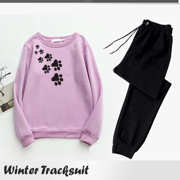 Winter Tracksuit Cat Paw Printed Fleece Sweatshirt and Trouser Trendy ...