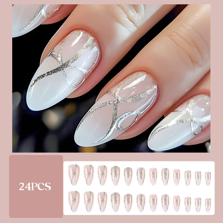 DY1592-B7 Glitter Line Drop Shape Fake Nails 24pcs White Gradient ...