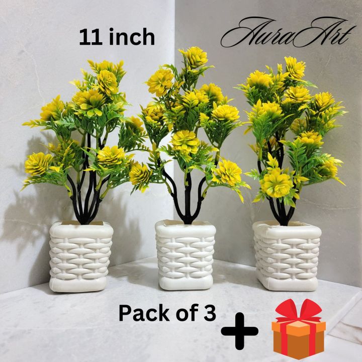 Set of 3 Artificial Trees in White Pots Tabletop Decorative Plants for ...
