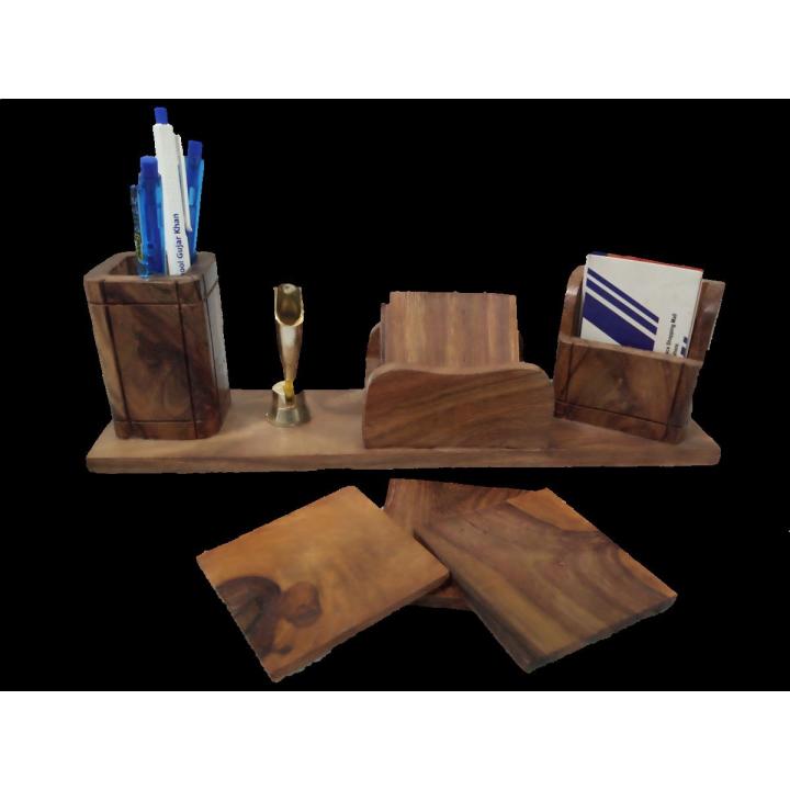 Wooden office Desk Organizer set with 6 Tea Coaster Plates, Pen Stand ...