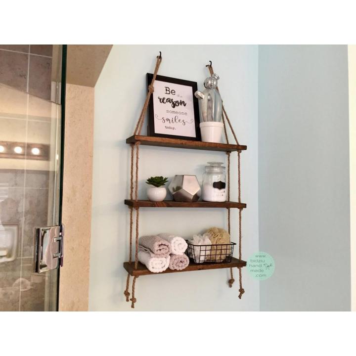 Home Decoration Wall Mounted Shelf - Rustic Wooden Rope Floating Shelf ...