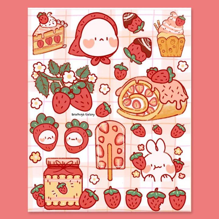 Strawberry Cute cartoon Sticker Sheet for Journal - UNCUT Stickers for ...