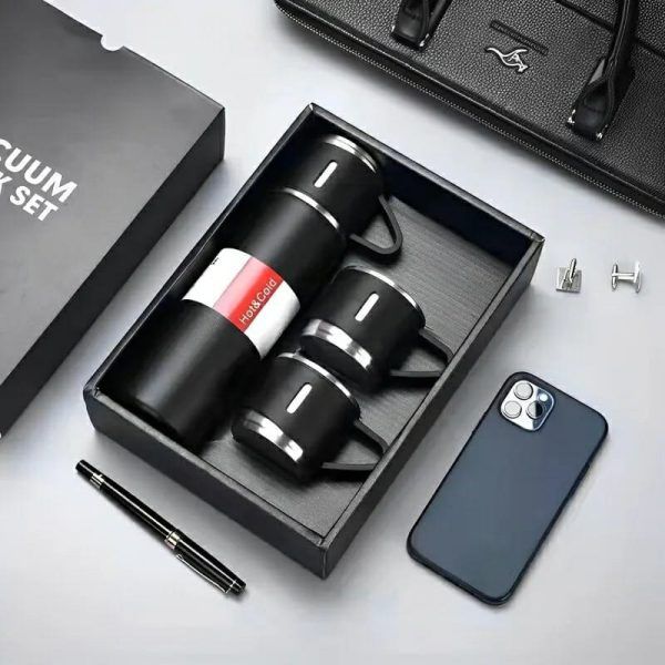 Stainless Steel Vacuum Flask Set with 2 Cups Flask Combo Keeps Liquid ...