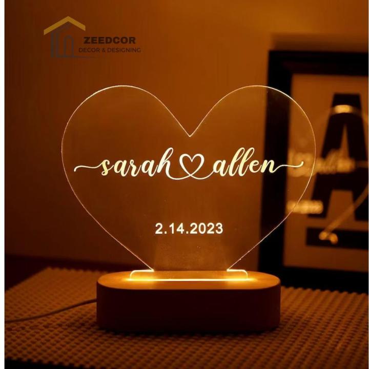 Customize Couples name on led night light lamp with wooden base | Daraz.pk