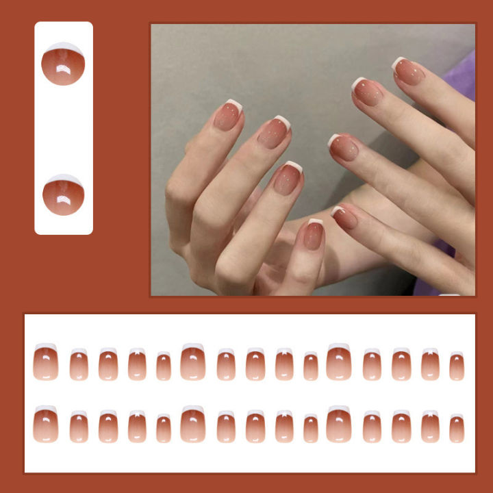 24Pcs Simple White Edge Fake Nails with Glue DIY Art Design False Nails ...