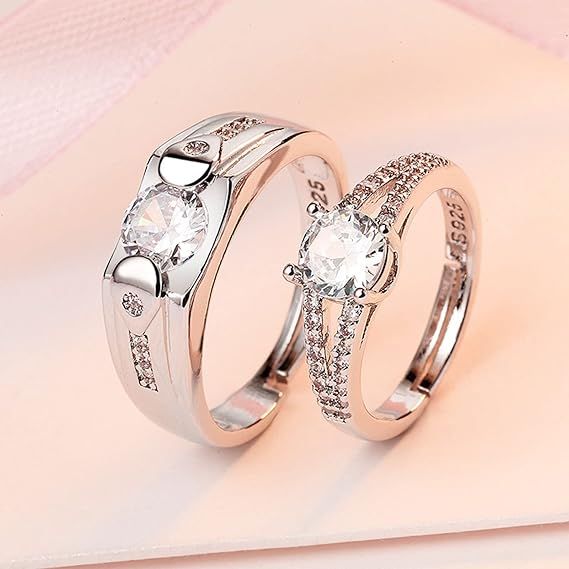 Pair of Adjustable Engagement Couple Rings set With Box for Girls and ...