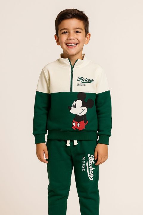 Kids "Mickey Mouse" Fleece Tracksuit (2-10 Years) - Green & White Half ...