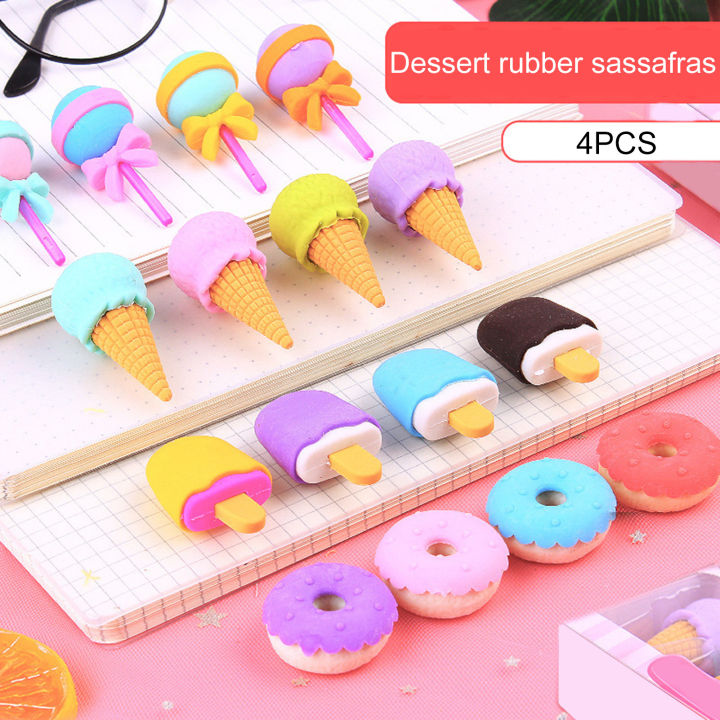 Soft Erasers 4 Pcs Cute Food Shape Cartoon Erasers Lollipop Ice Cream ...