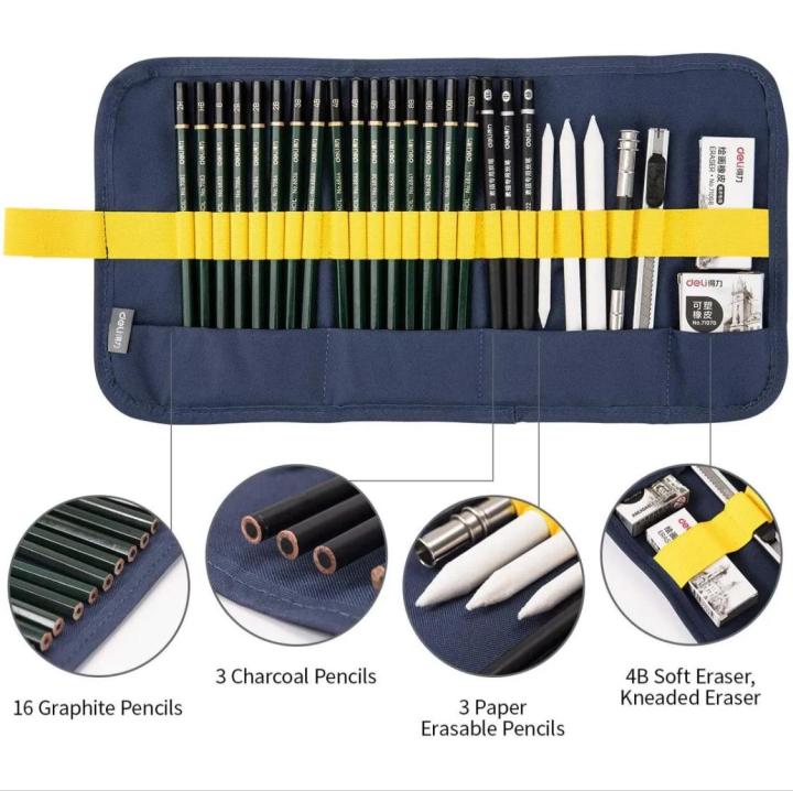 Deli 27 Pcs Fine-Art Drawing & Sketching Pencil Tool kit with Cloth Bag ...