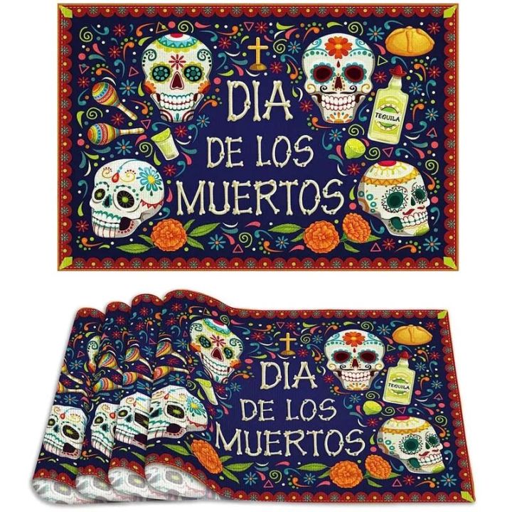 Linen Dia De Los Muertos Placemats Table Decor Day of The Dead Table ...
