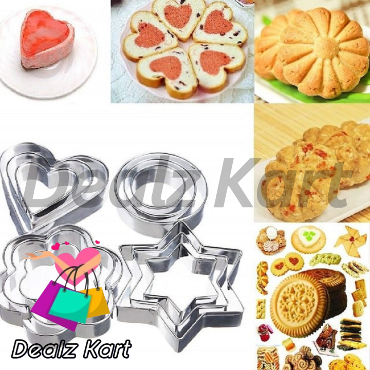Pack Of 12 - Multi Shape Cookies Cutter - Silver, Cookies Pastry Fruit ...