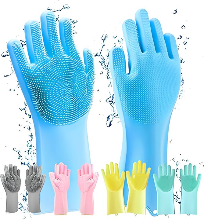 Magic Dish Washing Gloves with Scrubber, Silicone Reusable Cleaning ...