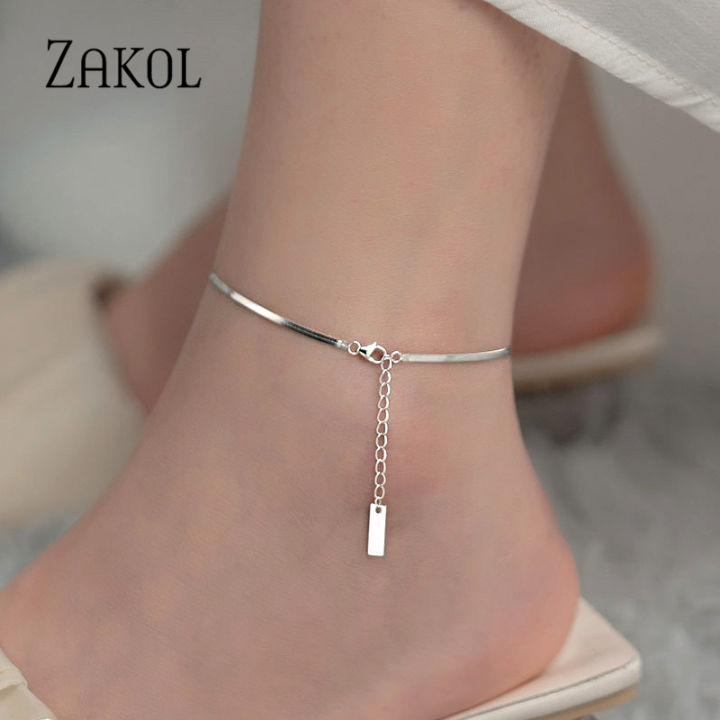 2024 ZAKOL Simple Tag Silver Color Snake Bone Blade Anklet 2023 New Summer Light Fashion ...
