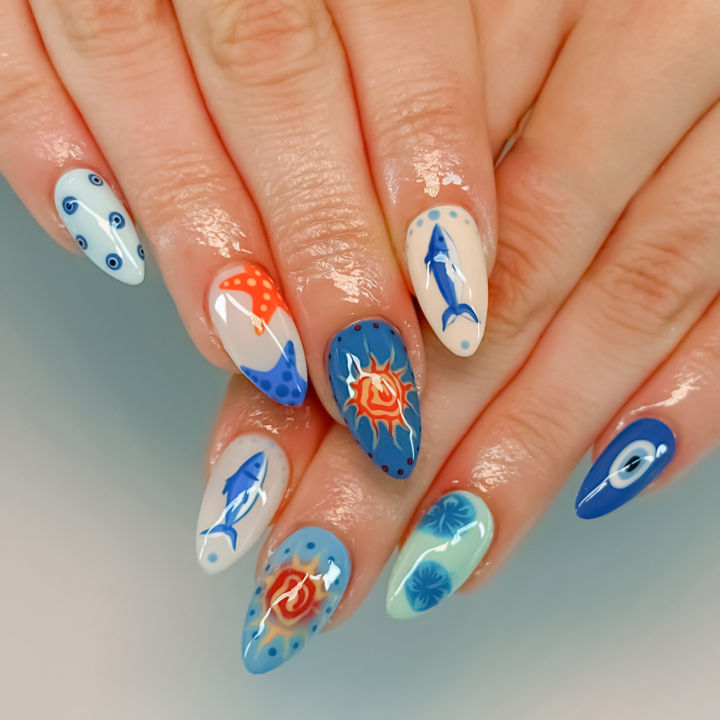 YLW891 24PCS Fish Print Fake Nails Ocean Theme Press on Nails for Women ...