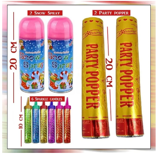 2 Party Poppers + 2 Snow spray + 6 Saprkle candles Combo Deal for ...