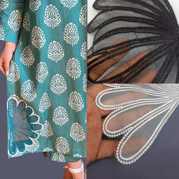 Organza Emrboidered Motif - D Shape Flower - White & BLack - Pair of 2 ...