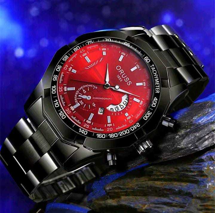 Men’s Luxury Quartz Watch – Black & Red Dial with Stainless Steel Strap ...